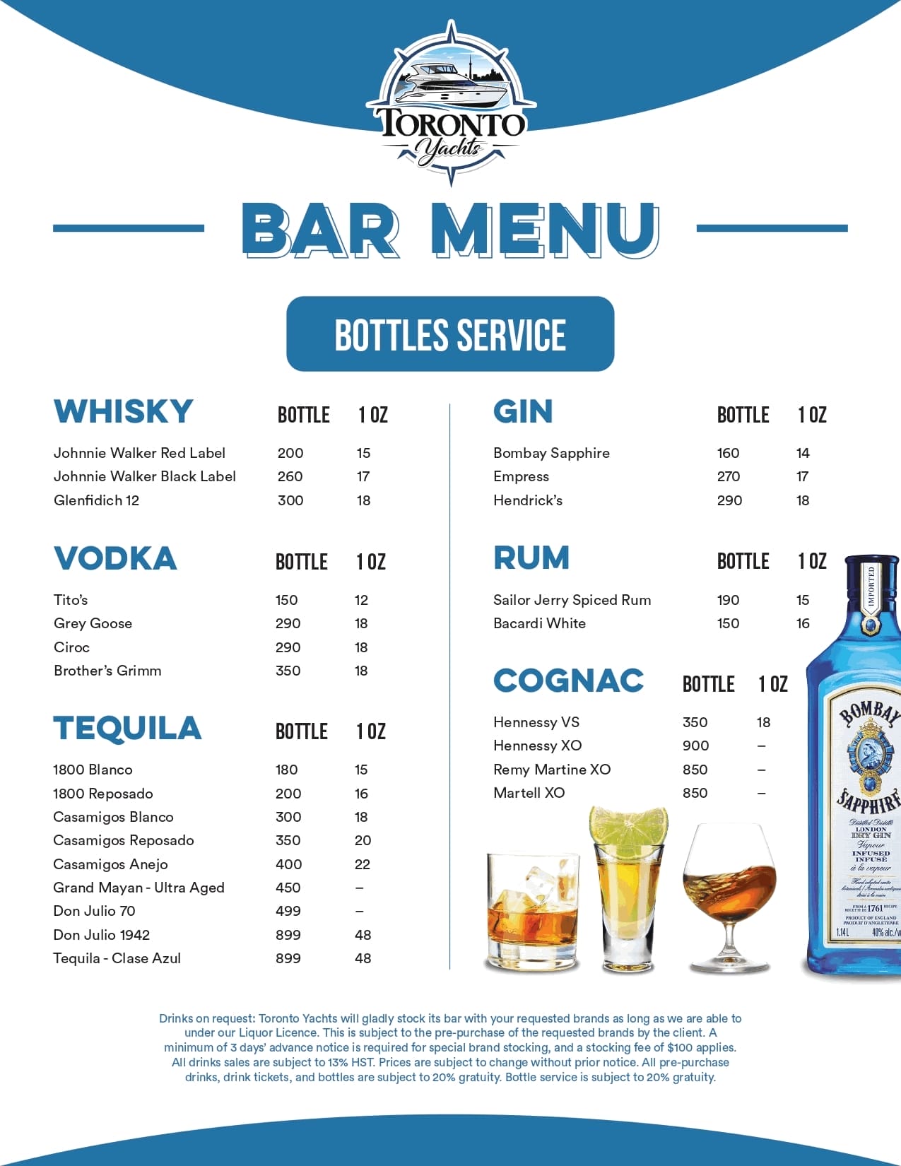 Bar Menu - Toronto Yachts | Party Boat Rental, Charter & Cruise in ...